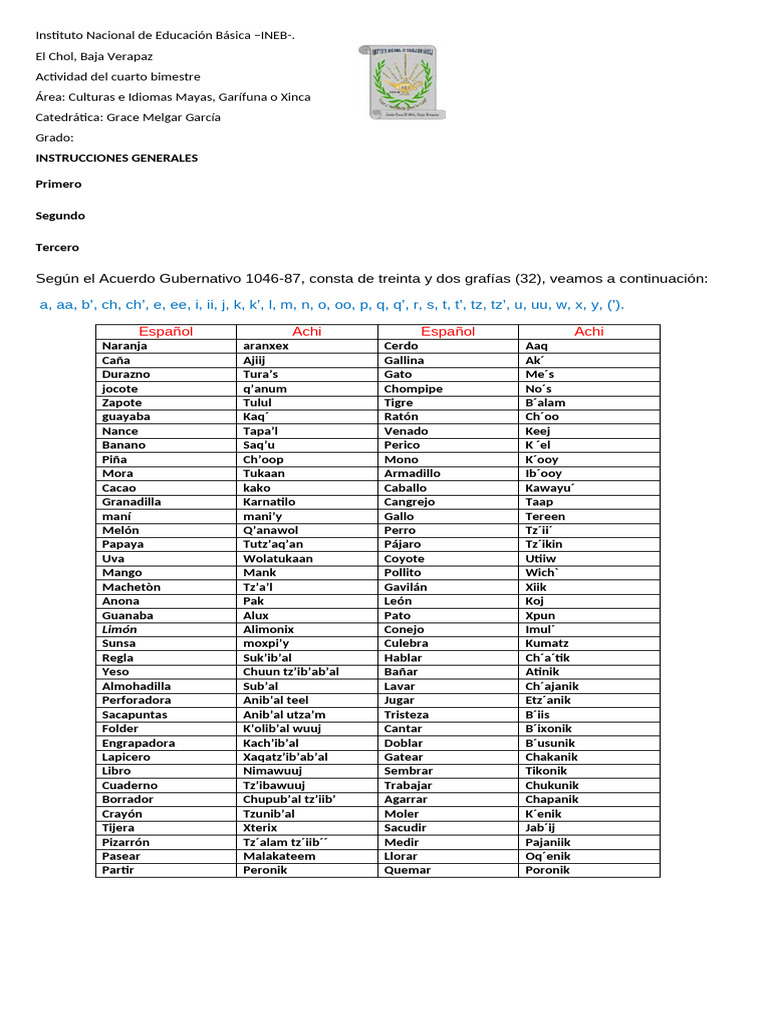 Palabras en Idioma Achi 31-10-2024 | PDF