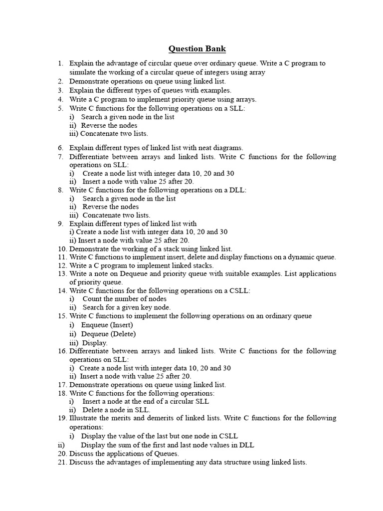 Question Bank Pdf Queue Abstract Data Type Algorithms And Data Structures