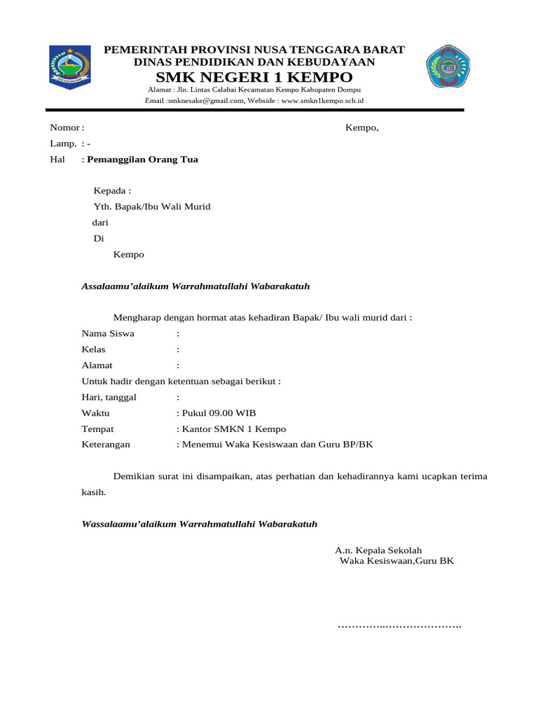 Surat Panggilan Orang Tua | PDF