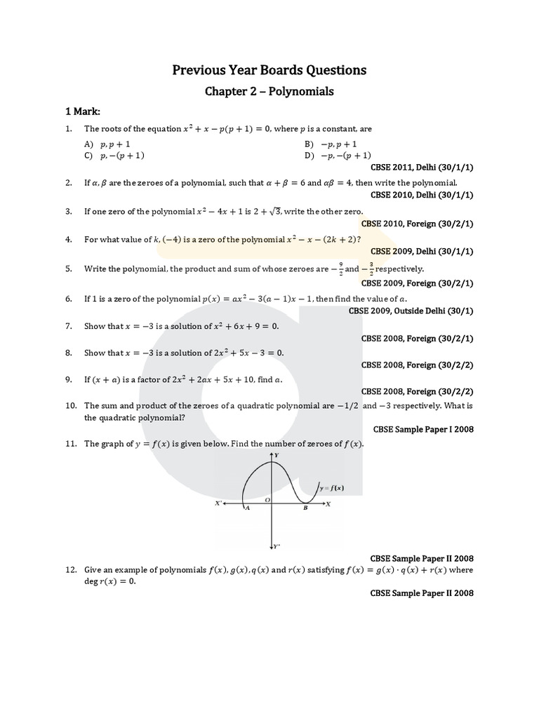 CBSE Polynomials Question Bank | PDF | Polynomial | Zero Of A Function