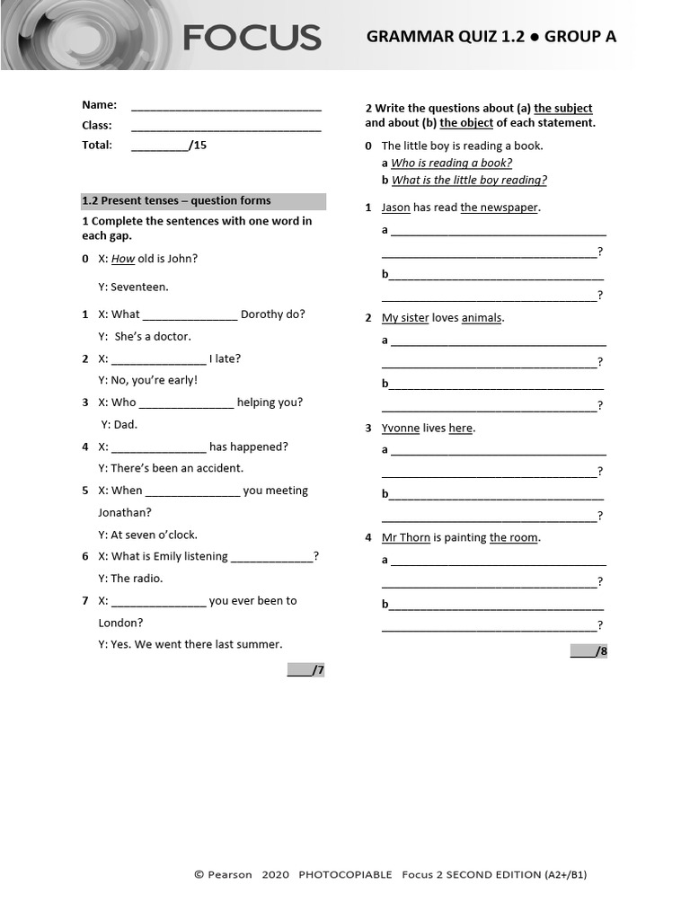 Focus2 2E Grammar Quiz Unit1 2 GroupA | PDF | Linguistic Typology | Linguistic Morphology