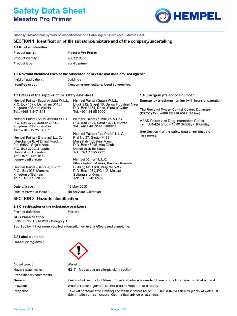 Maestro Pro Primer Safety Data Sheet | PDF | Safety | Occupational Safety And Health