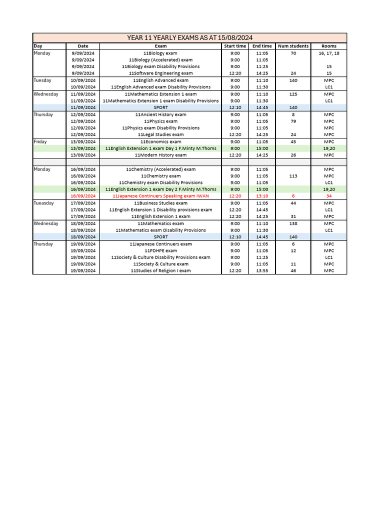 Year 11 Yearly Exams 2024 Timetable | PDF