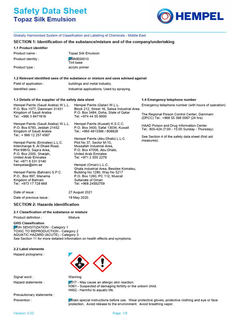 Topaz Silk Emulsion Safety Data Sheet | PDF | Toxicity | Hazards