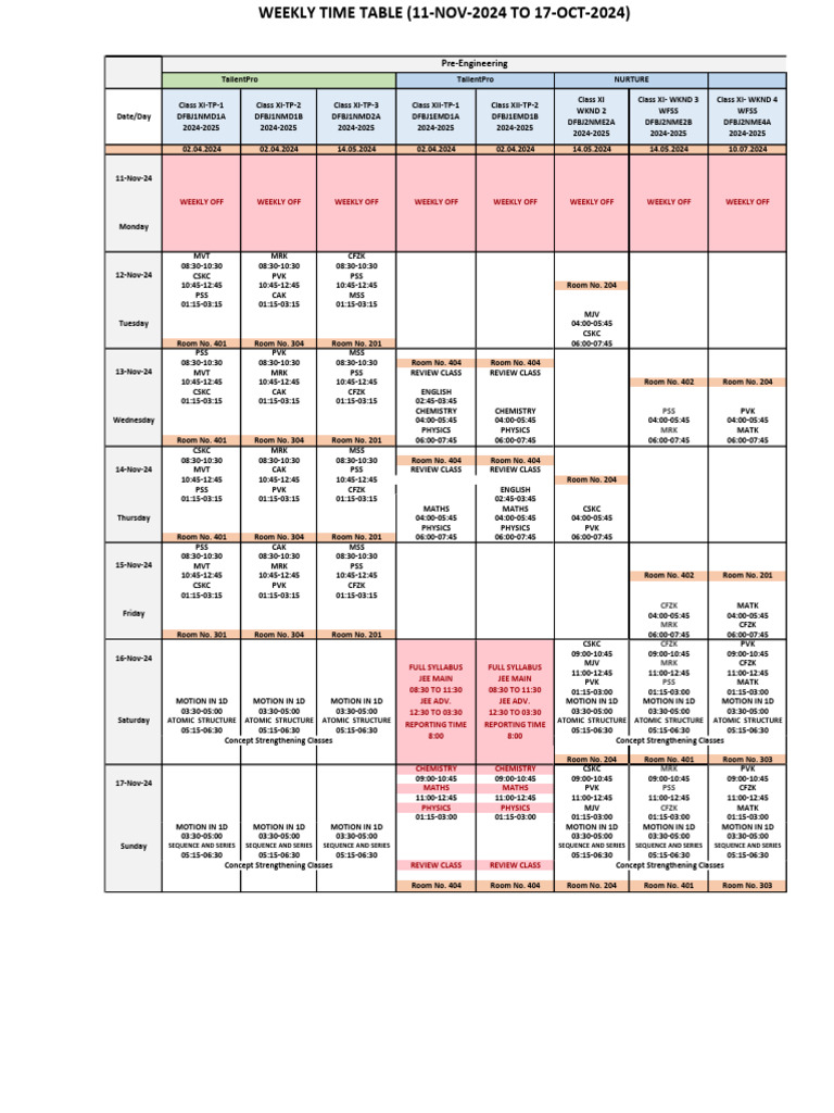 Iit-Jee Time Table 11 Nov - 17 Nov | PDF | Physical Sciences | Natural Sciences