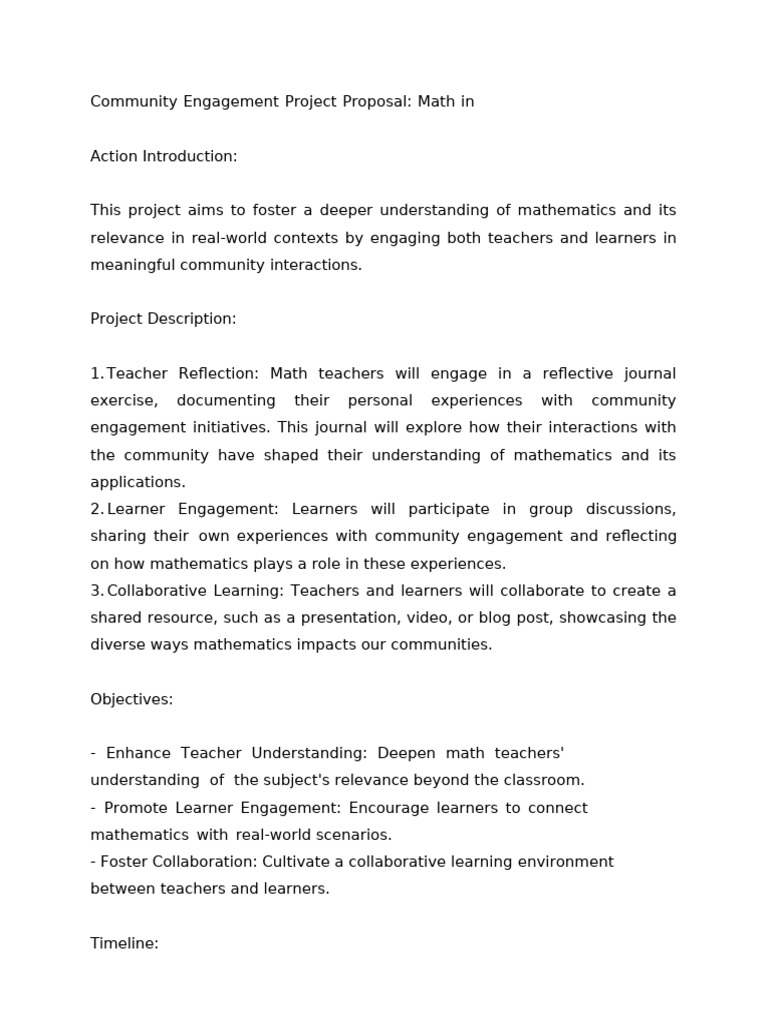 Community Engagement Project Proposal - Math in Action | PDF | Career & Growth | Social Science