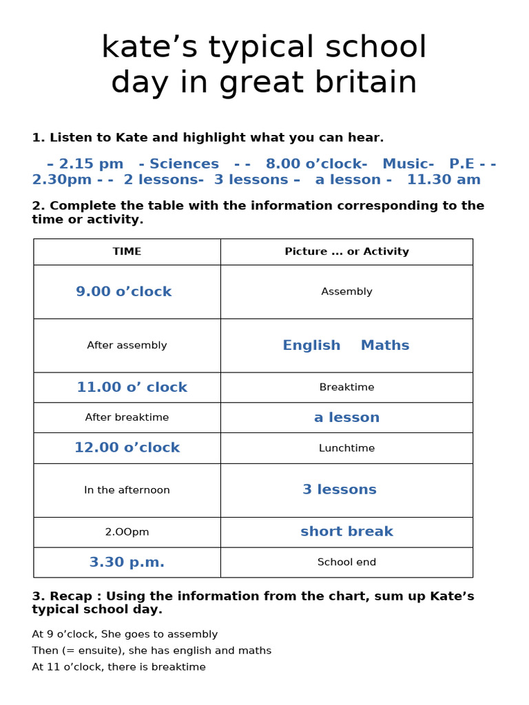 Kate's Typical School Day in Britain | PDF