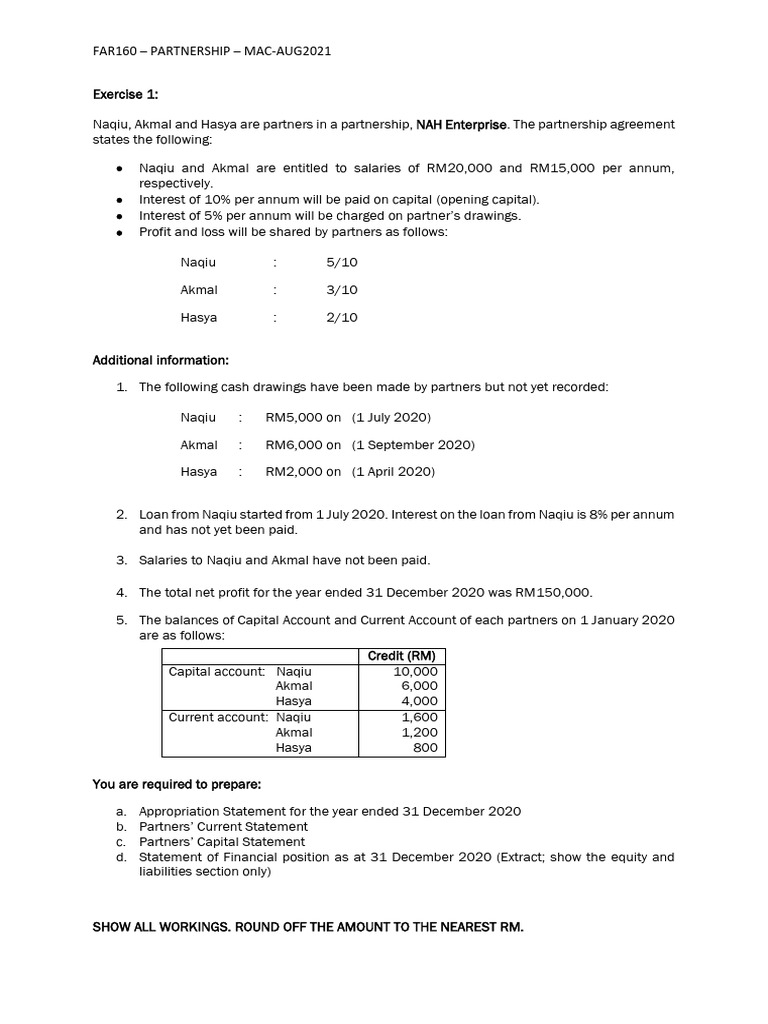 EXERCISE 1 - Partnership Basic | PDF | Business | Finance & Money ...