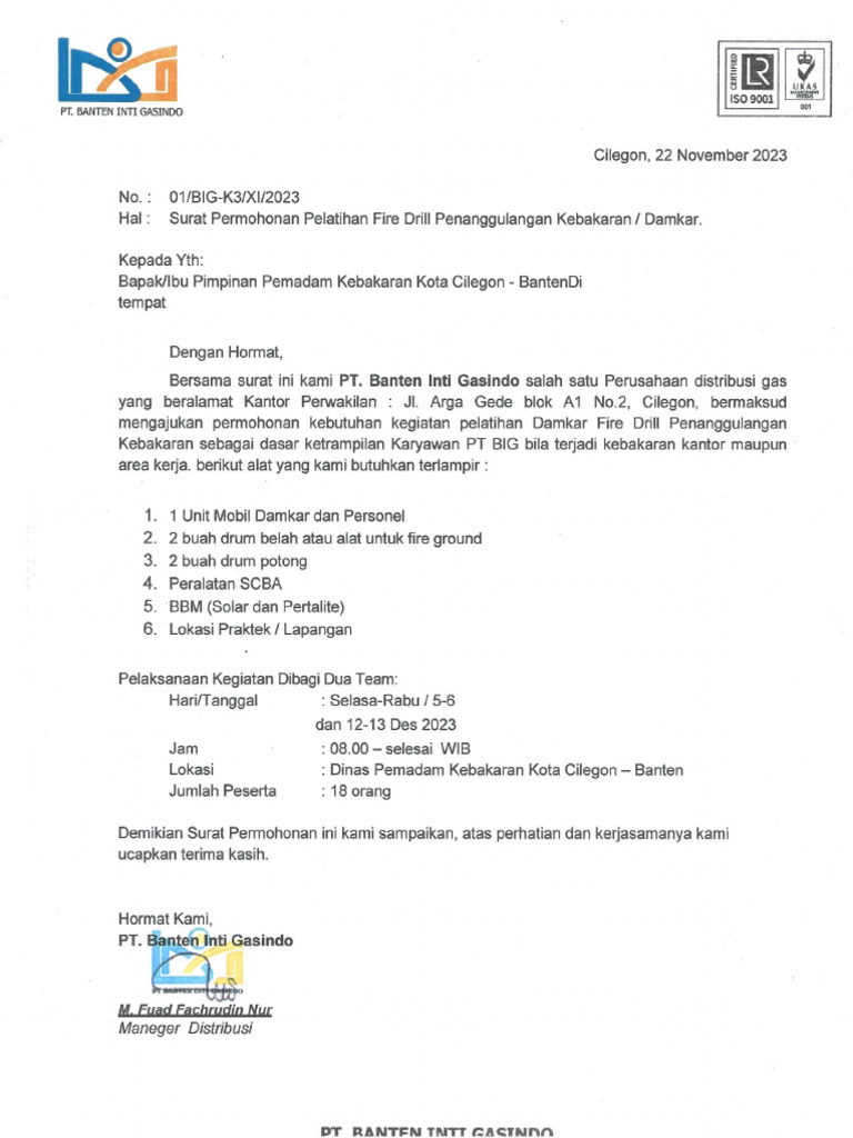 Surat Permohonan Pelatihan Fire Drill Penanggulangan Kebakaran | PDF
