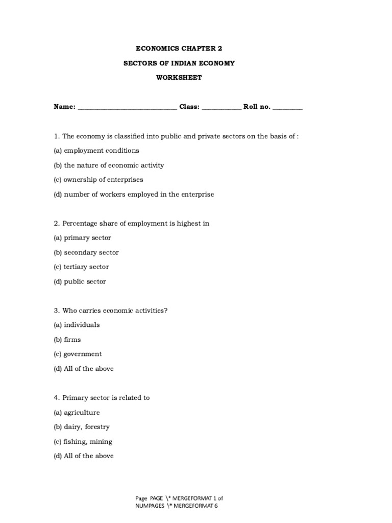 Indian Economy Sectors Worksheet | PDF | Employment | Unemployment