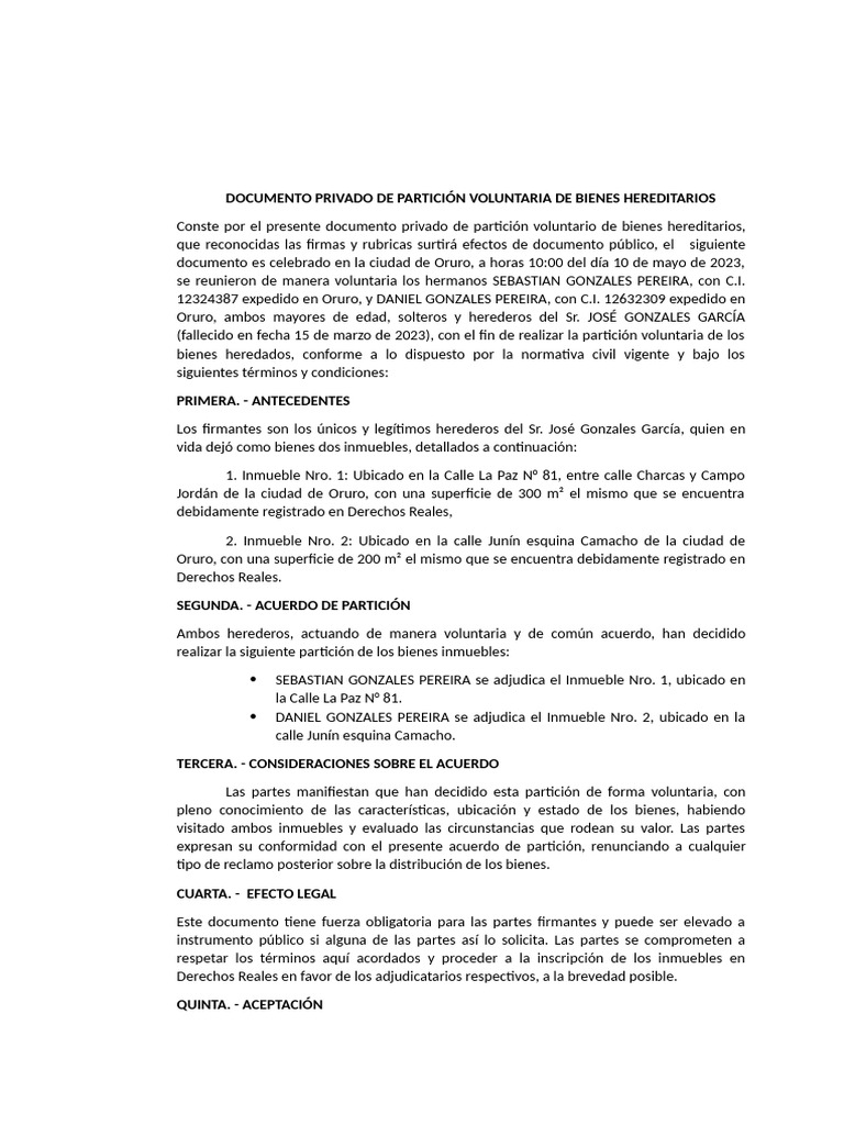 Documento Privado de Particion Voluntaria | PDF