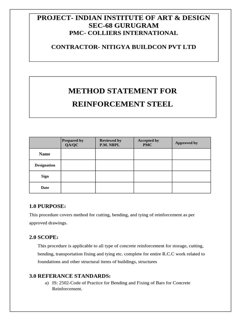 Reinforcement Method Statement | PDF | Materials | Building Engineering