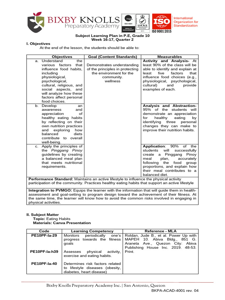 Pe10 - Q2 - W16-17-Slp-Eating Habits | PDF | Healthy Diet | Eating