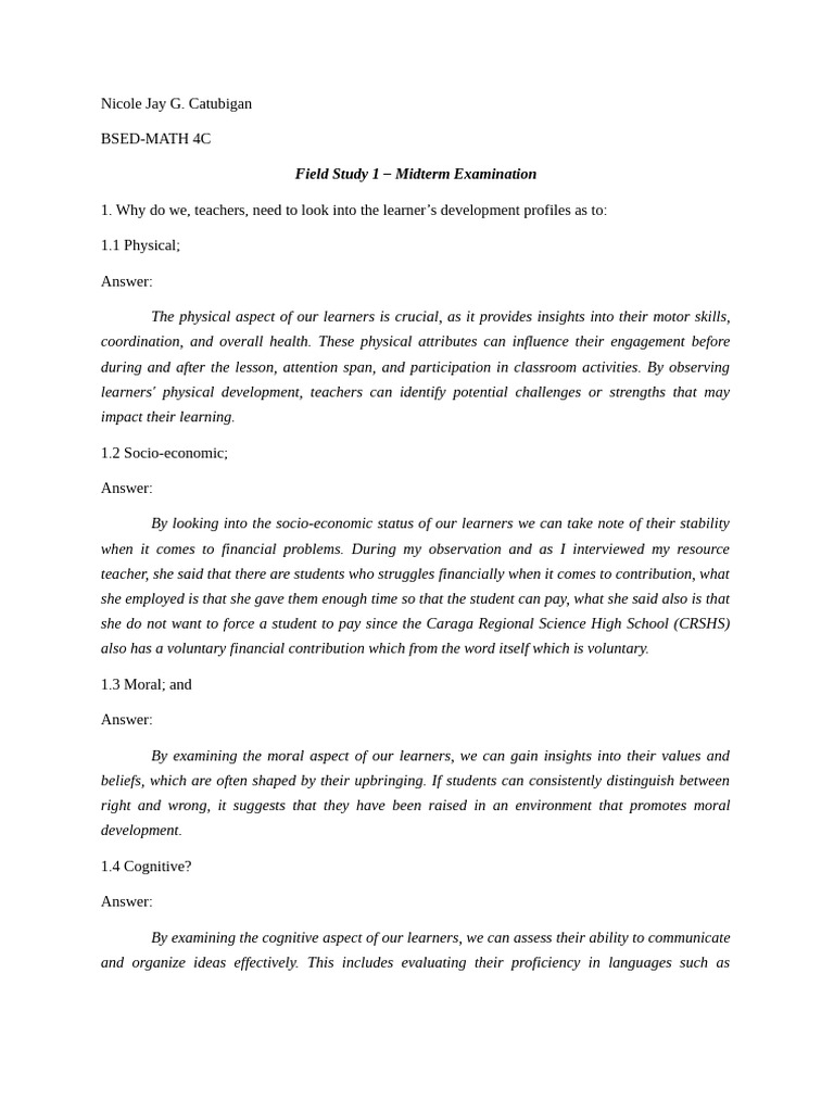 Catubigan - Answer Midterm FS1 | PDF | Teachers | Learning