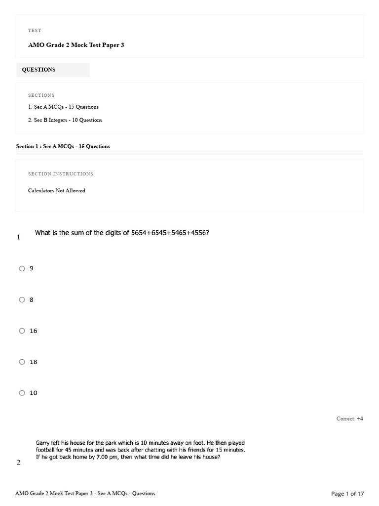 AMO Mock Test 3 Grade 2 | PDF | Multiple Choice | Social Science ...