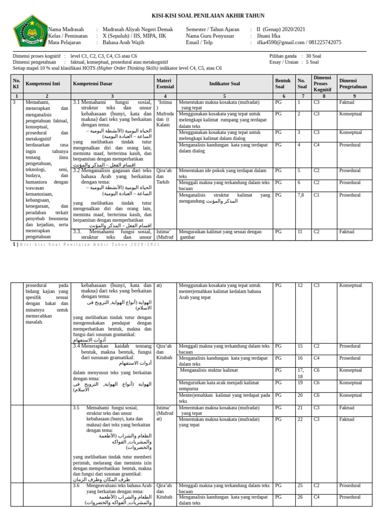 5.kisi BHS Arab X Wajib Pat 20-21 | PDF