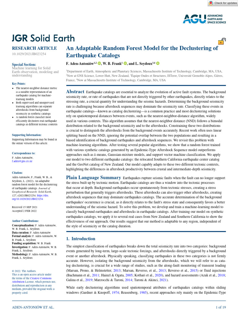 JGR Solid Earth - 2022 - Aden‐Antoniów - An Adaptable Random Forest Model for the Declustering ...