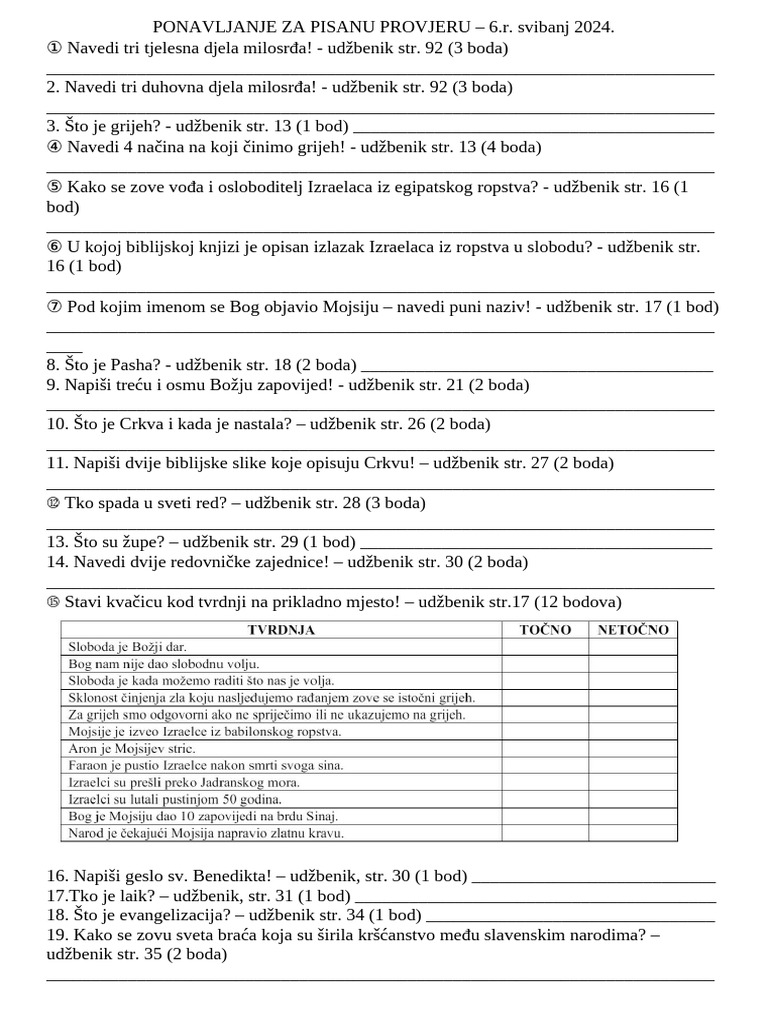 PONAVLJANJE ZA PISANU PROVJERU 6.r. 2024. | PDF