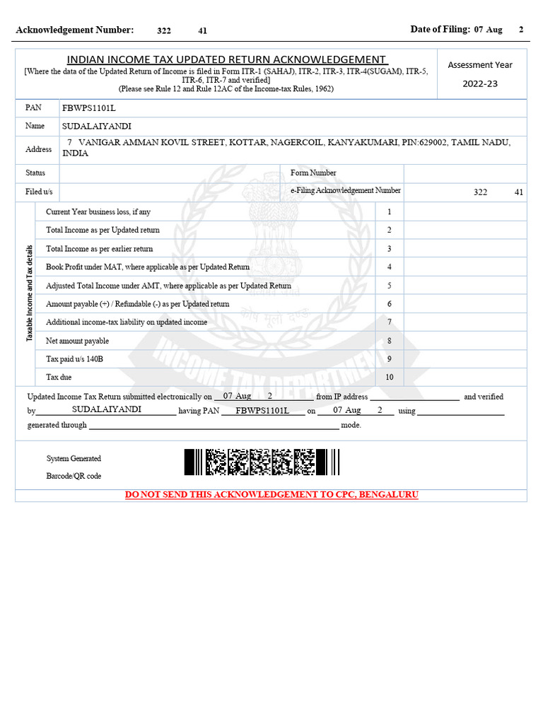 Ack - Hcrpk4834e - 2022-23 - 604723300141024 - Ay 22-23-3 | PDF | Income Tax | Taxes