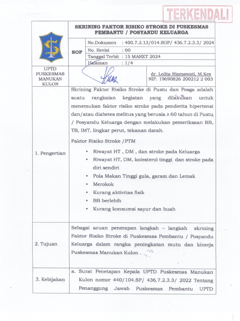 SOP Skrining Faktor Resiko Stroke Di Pustu Dan Posga (T-014) | PDF