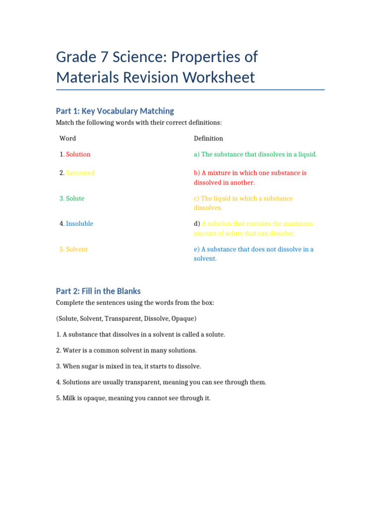 Grade 7 Properties of Materials Worksheet | PDF | Solubility ...