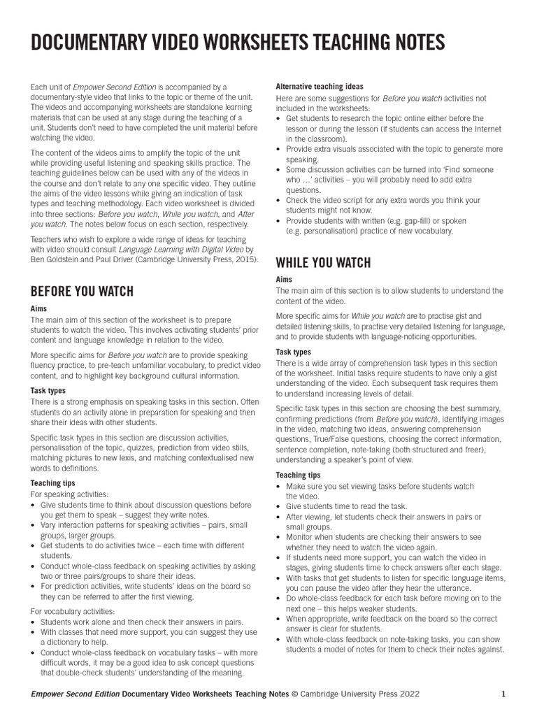 Empower Upper Intermediate Video Activity Sheet Teaching Notes | PDF ...