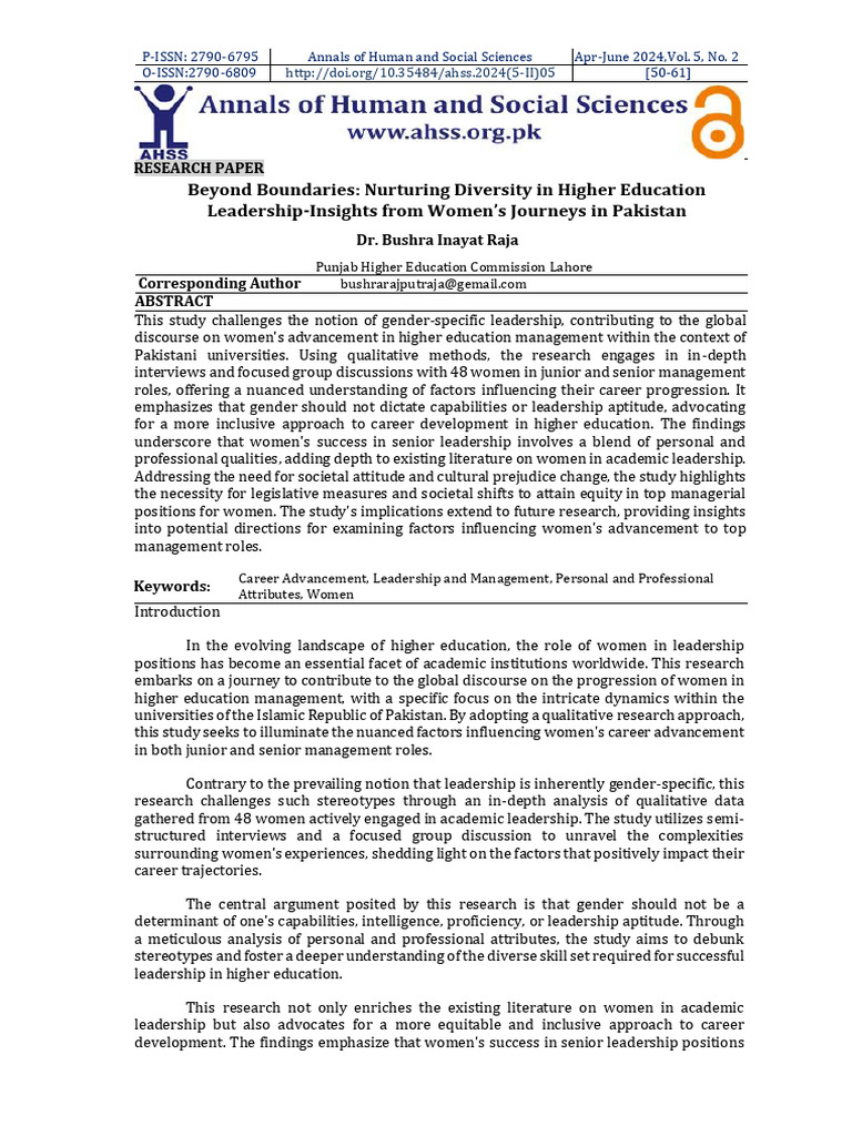 Beyond Boundaries: Nurturing Diversity in Higher Education Leadership-Insights From Women's ...