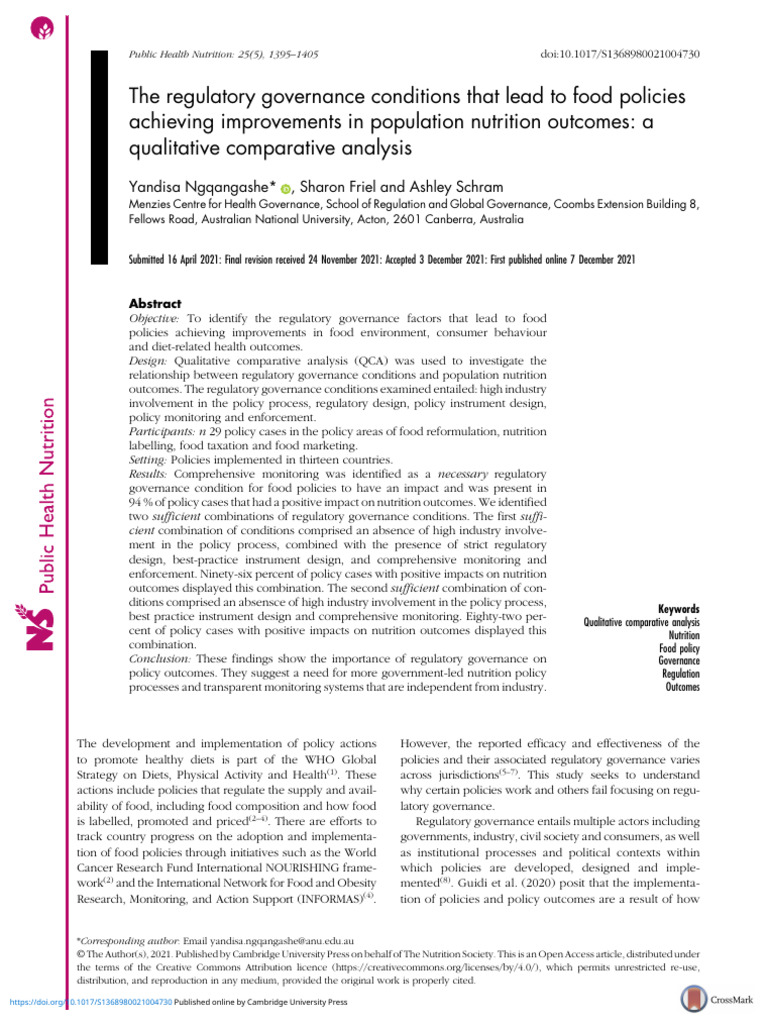 The Regulatory Governance Conditions That Lead To Food Policies Achieving Improvements in ...