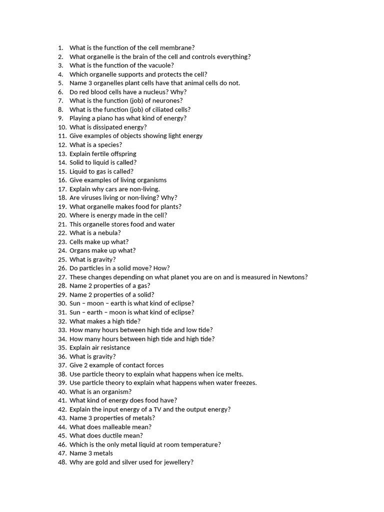 Grade 6 Review Questions Homework | PDF | Metals | Cell (Biology)