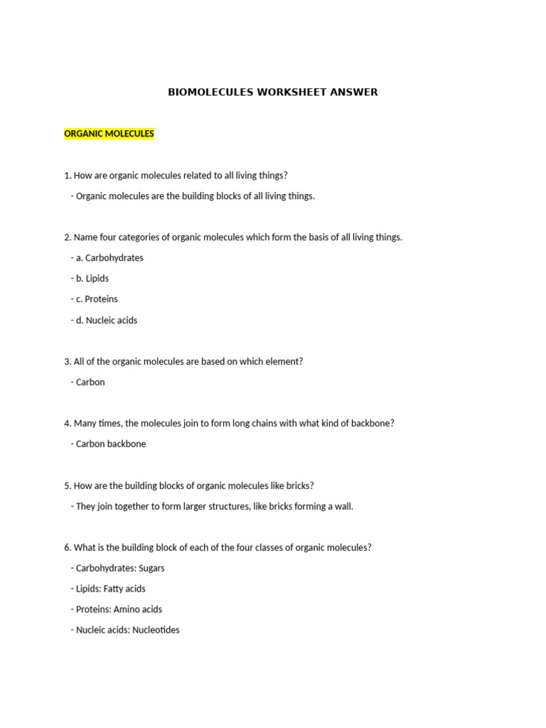 Biomolecules Worksheet Answer | PDF | Rna | Dna