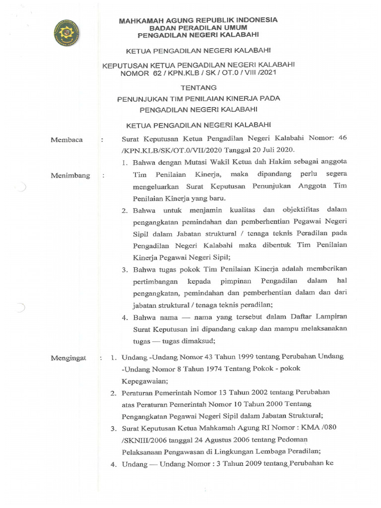 Surat Keputusan Tentang Penunjukan Tim Penilaian Kinerja | PDF