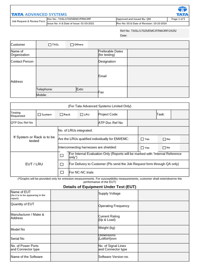 Job Request Form - TASL - EMC - JRF - 2425 | PDF | Electromagnetic ...