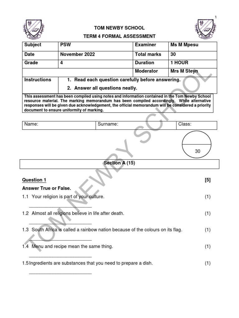 Grade 4 PSW Term 4 Assessment | PDF | Swimming | Traffic
