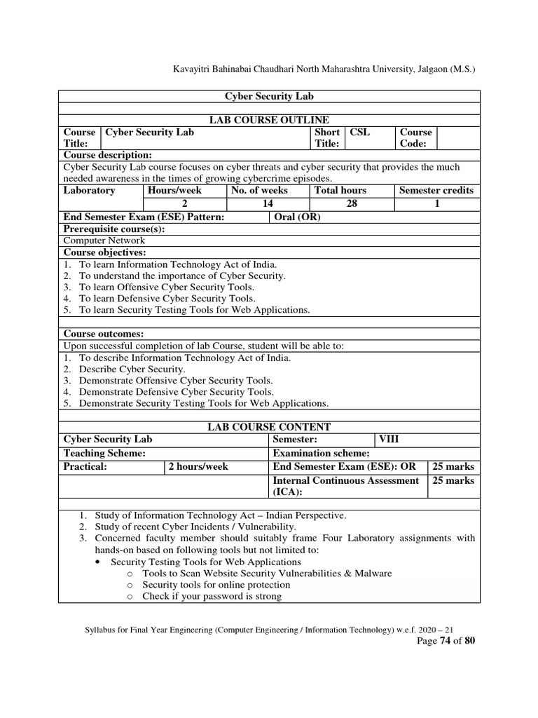 01 Cyber Security LAB BE Syllabus AICTE Wef 20-21 | PDF | Security ...