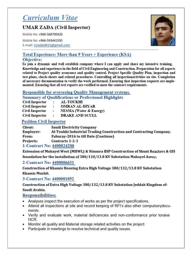 Umar Zada (Civil Inspector) | PDF | Concrete | Specification (Technical Standard)