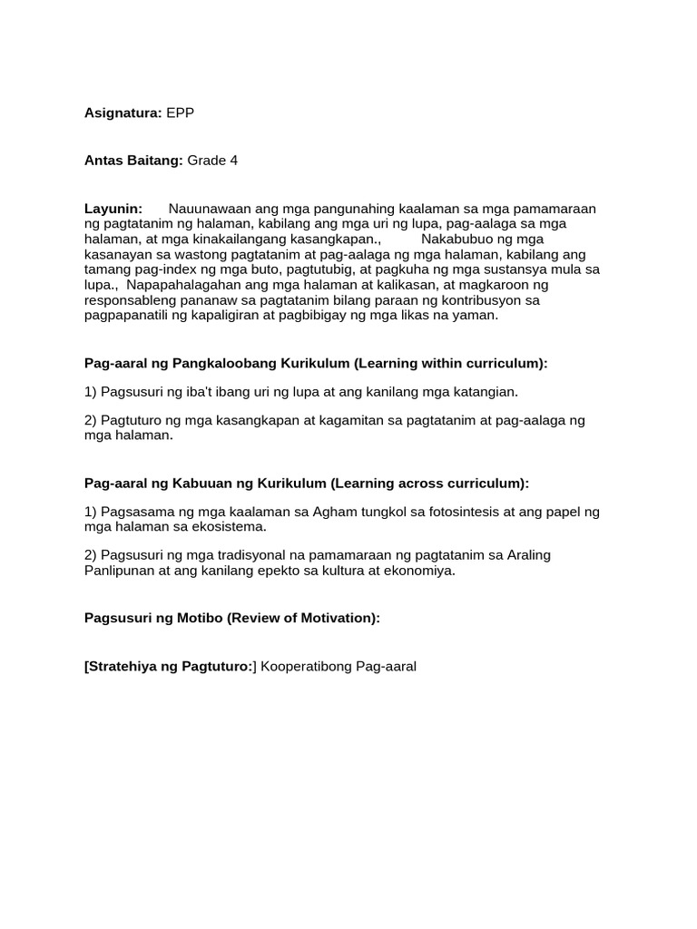 Sample Lesson Plan in EPP 4 | PDF