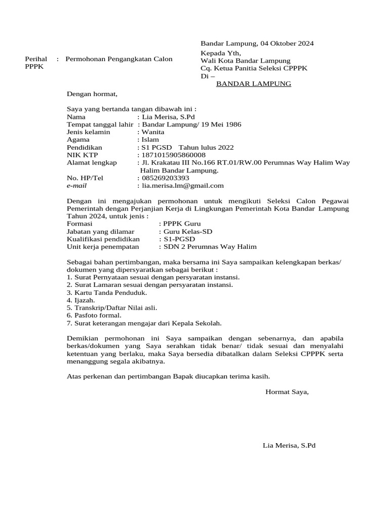 Surat Lamaran P3K - Mba Lia | PDF | Hukum