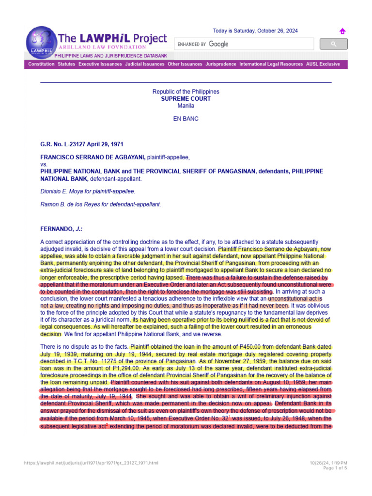 De Agbayani v. PNB - 38 SCRA 429 (1971) (Operative Fact) | PDF ...