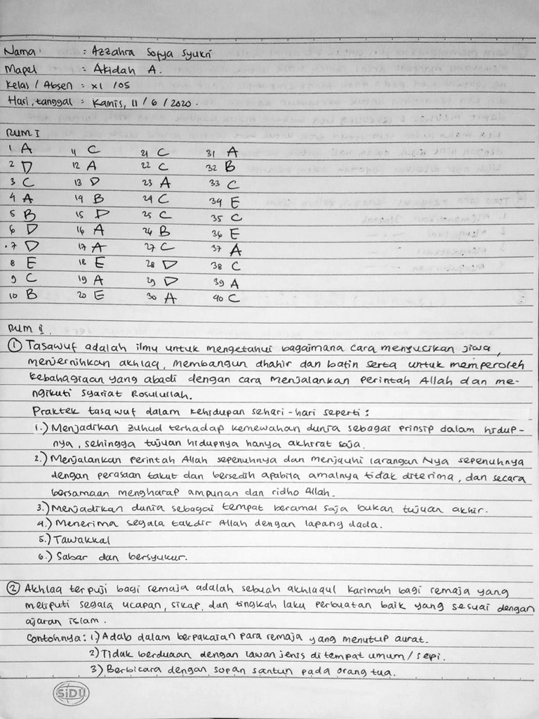 Azzahra Sofya Syukri - Pat Aqidah - Xi-05. | PDF