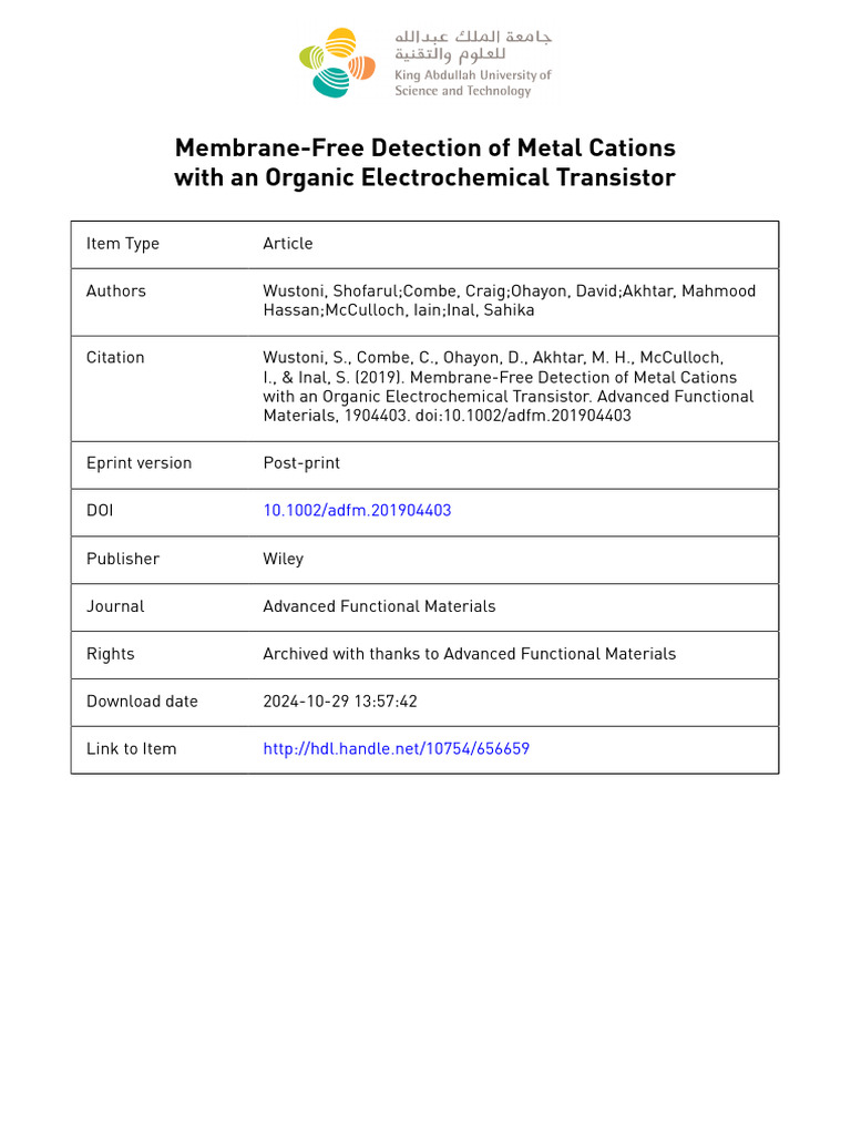Revised Manuscript - Wustoni Et Al - Adv Func Mat 2019 | PDF | Sensor | Field Effect Transistor