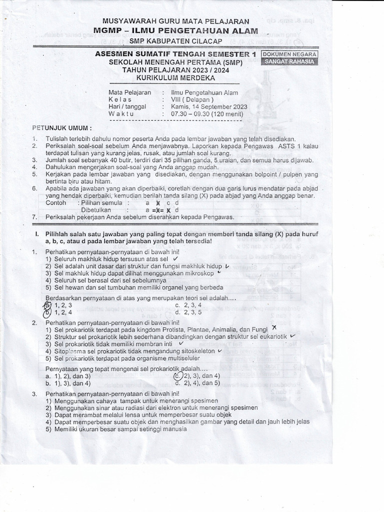 Soal IPA Kelas 8 ASTS 1 Tahun 2023-2024 | PDF