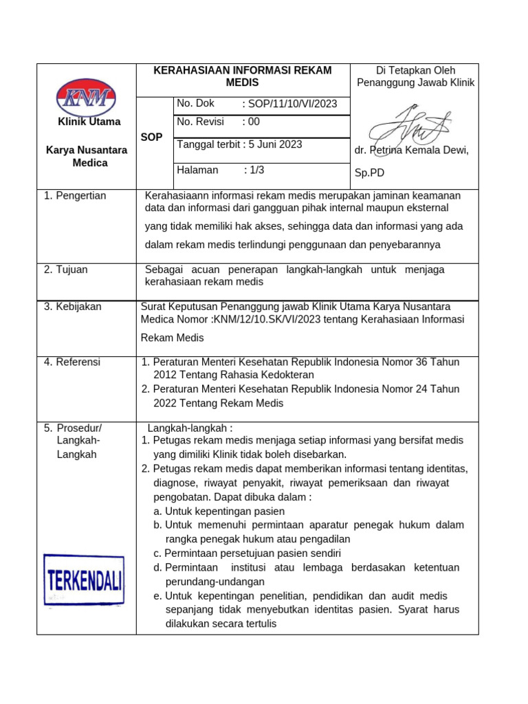 Sop Kerahasiaan Informasi Rekam Medis KNM | PDF