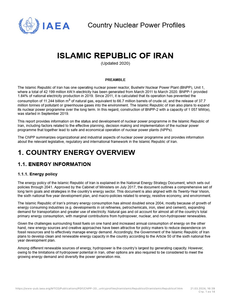 Iran's Nuclear Power Overview 2020 | PDF | Electricity Generation ...