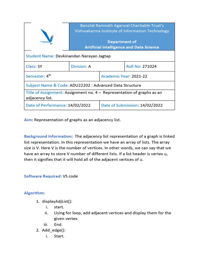 Devkinandan ADS Ass4 | PDF | Vertex (Graph Theory) | Combinatorics