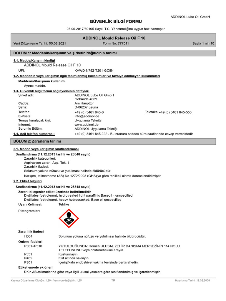Addinol Mould Release Oil F 10 TR TRPDF | PDF