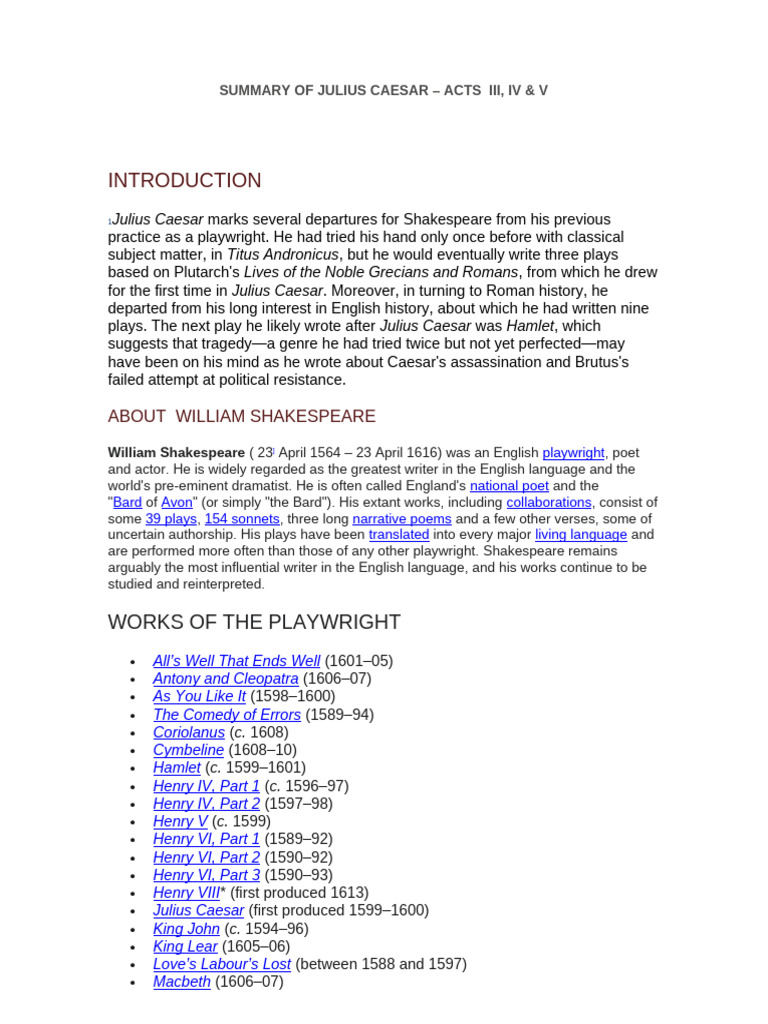 Summary of Julius Caesar Act Iii, Iv, V, STD X, Project I, 2024 | PDF | William Shakespeare ...