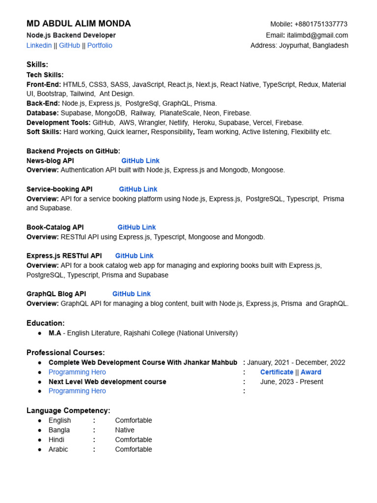 Node.js Developer Resume: Alim Mondol | PDF