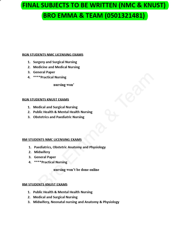 NMC & KNUST Final Subjects To Be Written 2 | PDF | Wellness | Science ...
