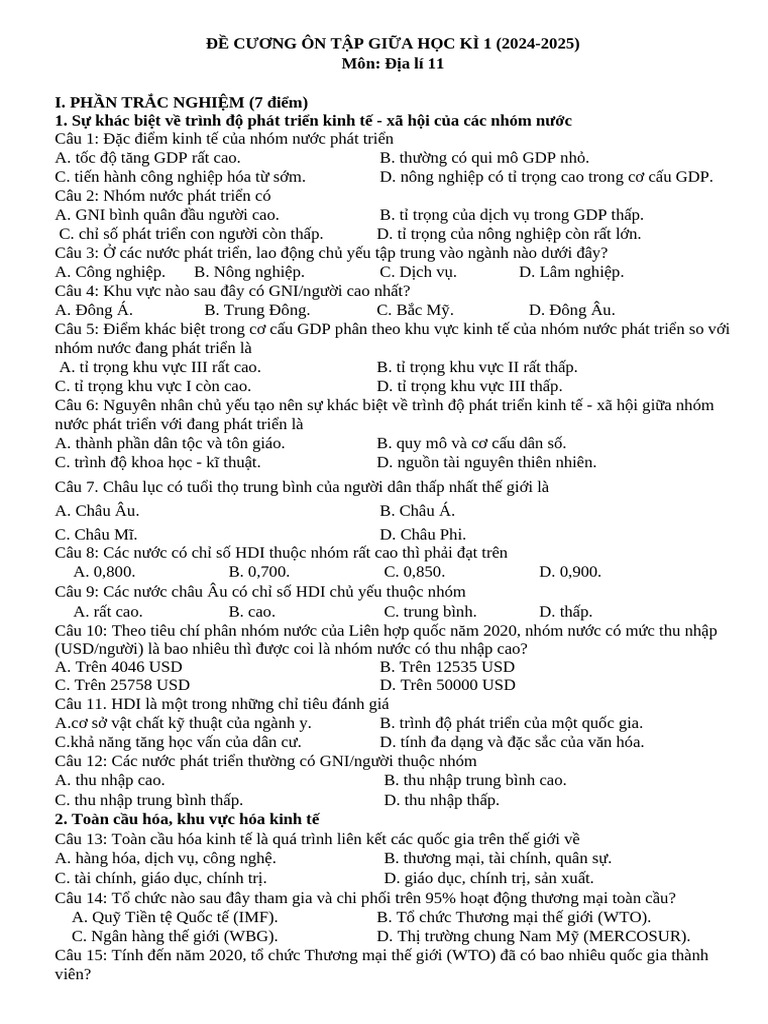 De Cuong On Tap GKI Dia 11 HS | PDF