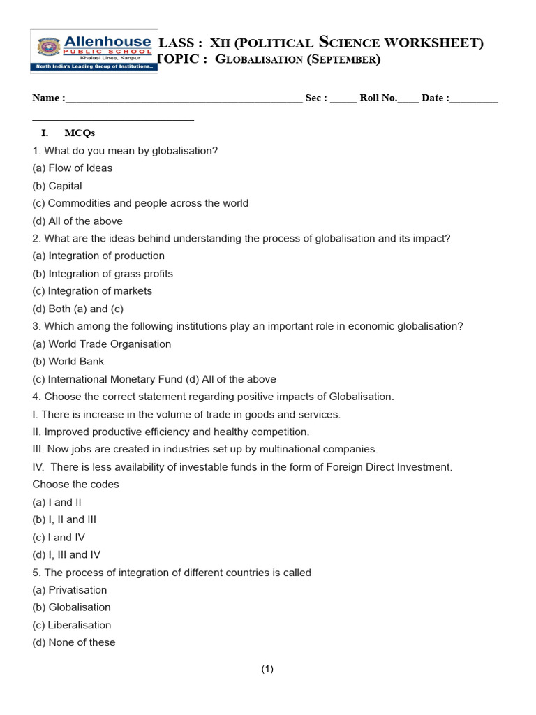 Globalisation: Class 12 Worksheet | PDF | Globalization | World Trade ...